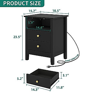 YITAHOME Nightstand with Charging Station, Night Stands with 2 Drawers for Bedroom, Modern Bedside Table End Side Table with USB Ports and Outlets, Set of 2, Black