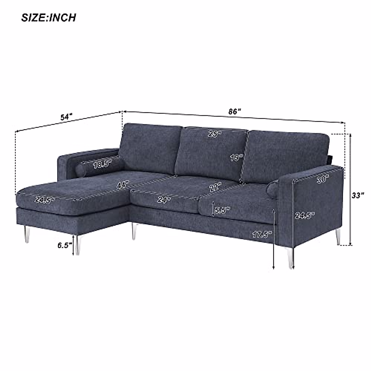 HAUSHECK L-Shaped Convertible Sectional Couch with Reversible Chaise Lounge,Chenille Fabric, Comfortable Cushions, Metal Leg, 2 Pillows Included, Mid-Century Modern Sofa for Living Room, Small Space