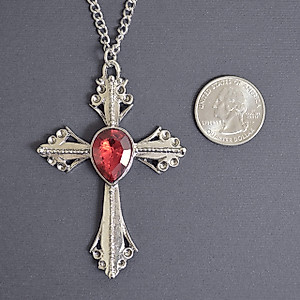 Medieval Renaissance Cross with Red Stone Silver Finish Pendant Necklace