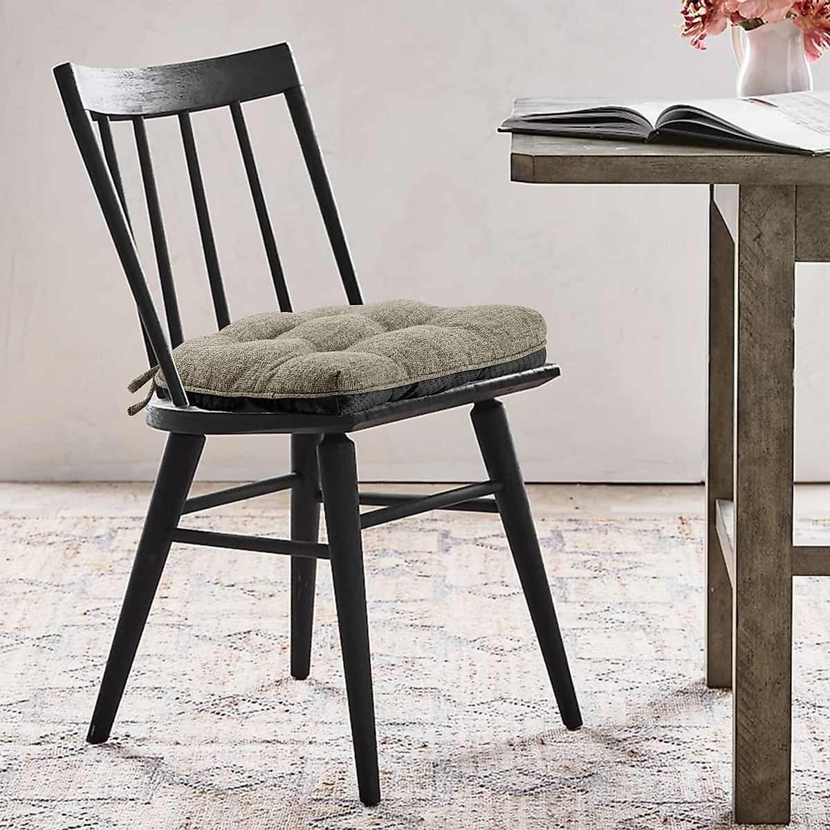 downluxe Indoor Chair Cushions for Dining Chairs, Tufted Overstuffed Textured Memory Foam Kitchen Chair Pads with Ties and Non-Slip Backing, 15.5" x 15.5" x 4", Khaki, 4 Pack