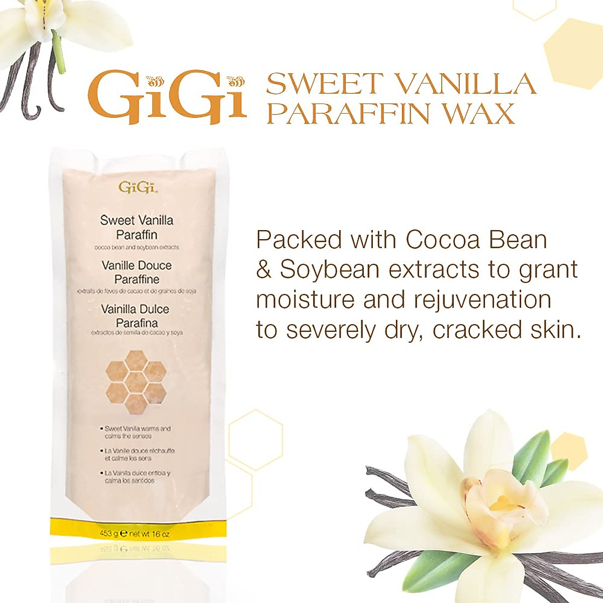 GiGi Paraffin Wax, Sweet Vanilla Paraffin Bath Wax With Spa Quality Finish, with Cocoa Bean and Soybean Extracts, 16 Oz.