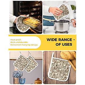 Coffee Theme Pot Holders for Kitchen Heat Insulation, Vintage Khaki Coffee Time Coffee Beans Potholders Hot Pads with Hanging Loop, Washable Oven Mitts Pot Holder Trivet for Cooking Baking 4 Pack