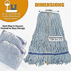 Buena Goods Heavy Duty Blue Commercial Mop Head Replacement. Looped End Synthetic Cotton Blend Mop Refill. Industrial Grade Reusable Washable Wet Mop Heads. Durable Wide Universal Headband. 3 Pack