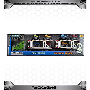 Mozlly Friction Powered ATV or Monster Truck Hauler Playset for Boys and Girls - Toy Car Carrier Truck Toy, Perfect ATV or Monster Truck Trailer Set for Pretend Play or Birthday Gift - Styles May Vary