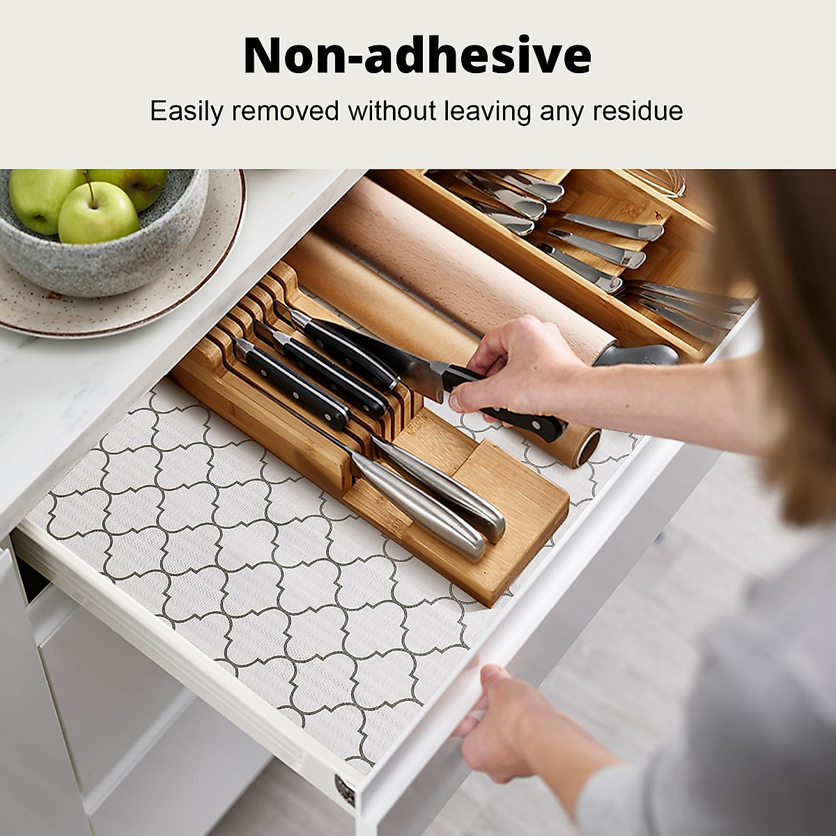 Drawer & Shelf Liner for Kitchen Cabinets, Non-Slip Non-Adhesive Shelf Paper Protect Dresser and Cupboard, Waterproof Drawer Mats for Bathroom, Easy Install