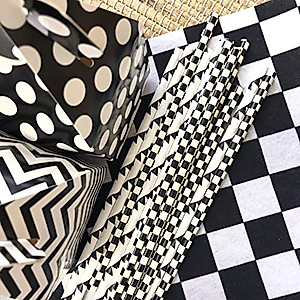 Black and White Race Theme Paper Straws - Checkered and Banner - 100 Pack