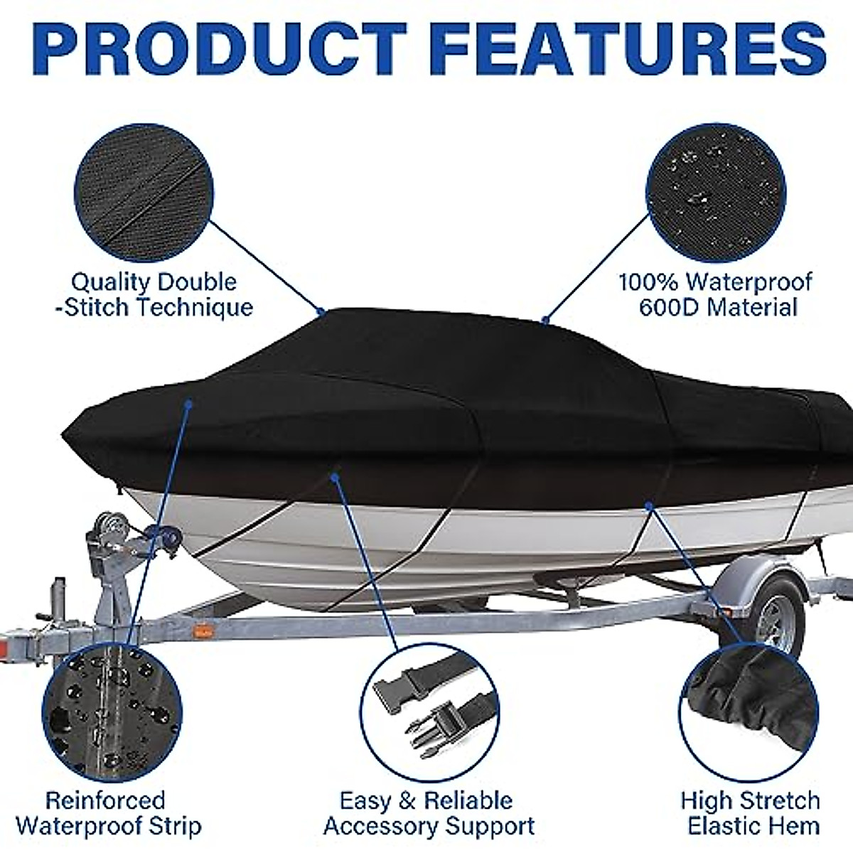 Waterproof 17'- 19' Boat Cover - Heavy Duty 600D Dual PU Trailerable Marine Grade Polyester Canvas, Fits 17-19ft V-Hull, Tri-Hull, Fishing Boat, Runabout, Pro-Style Bass Boat with Tightening Strap