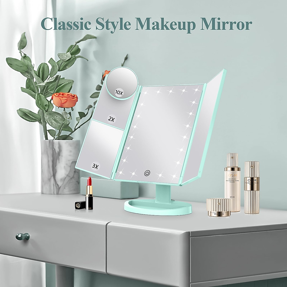 HUONUL Makeup Mirror Vanity with Lights, 2X 3X 10X Magnification, Lighted Mirror, Touch Control, Trifold Dual Power Supply, Portable LED Women Gift (Green)