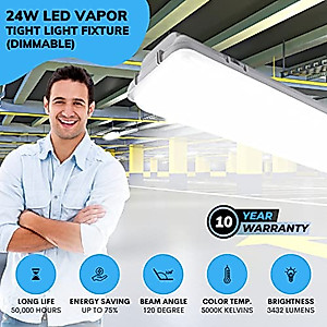 JACS 24W LED Vapor Tight Light Fixture, 4ft Vapor Proof LED Light - 80W Equivalent, 5000k, 3432LM - Ideal Garage Light, Shop Light, Outdoor Light Fixture, 6 Pack