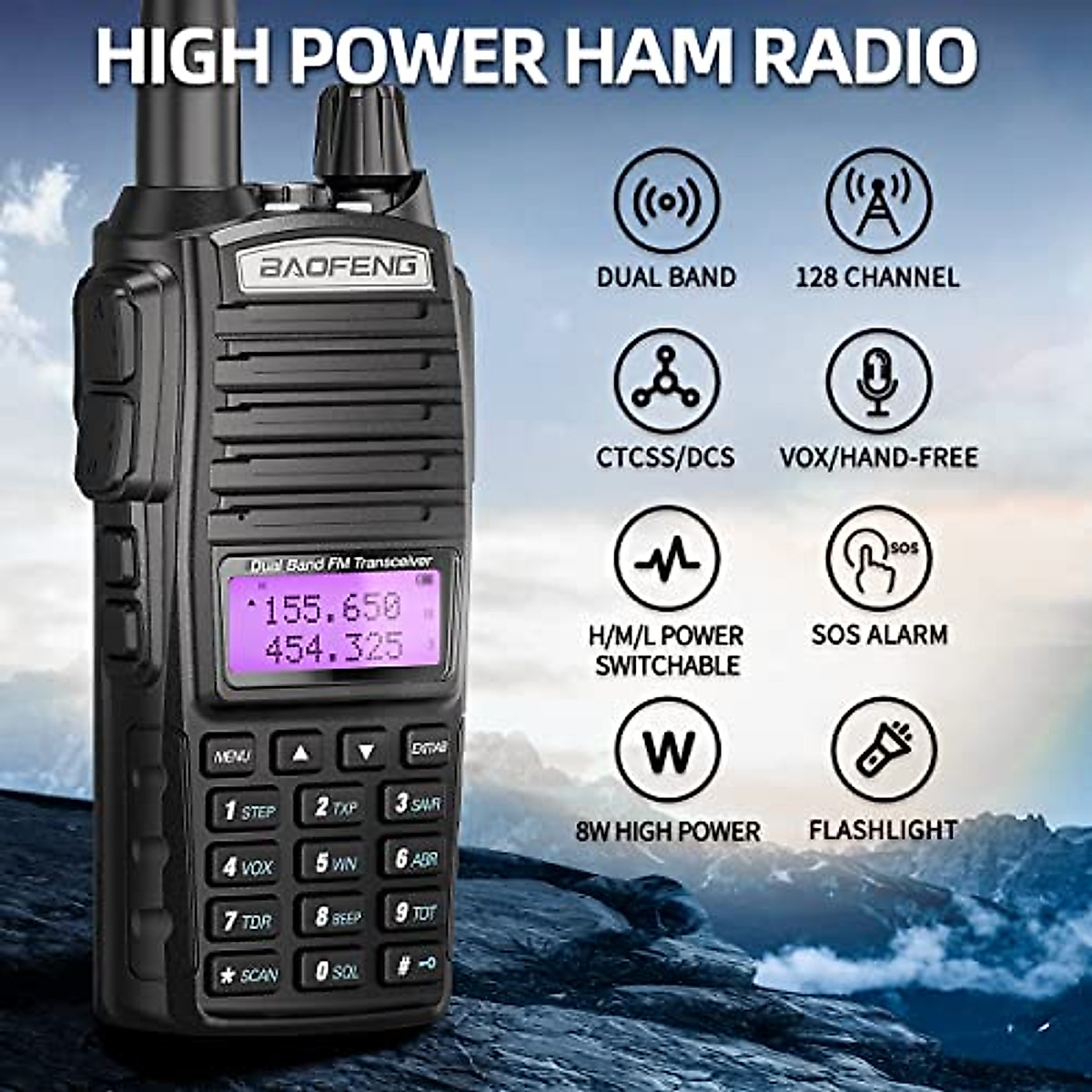 BaoFeng UV-82 High Power BaoFeng Radio Ham Radio Dual PTT Dual Band Portable Walkie Talkies with Extra Earpiece, AR-771 Antenna