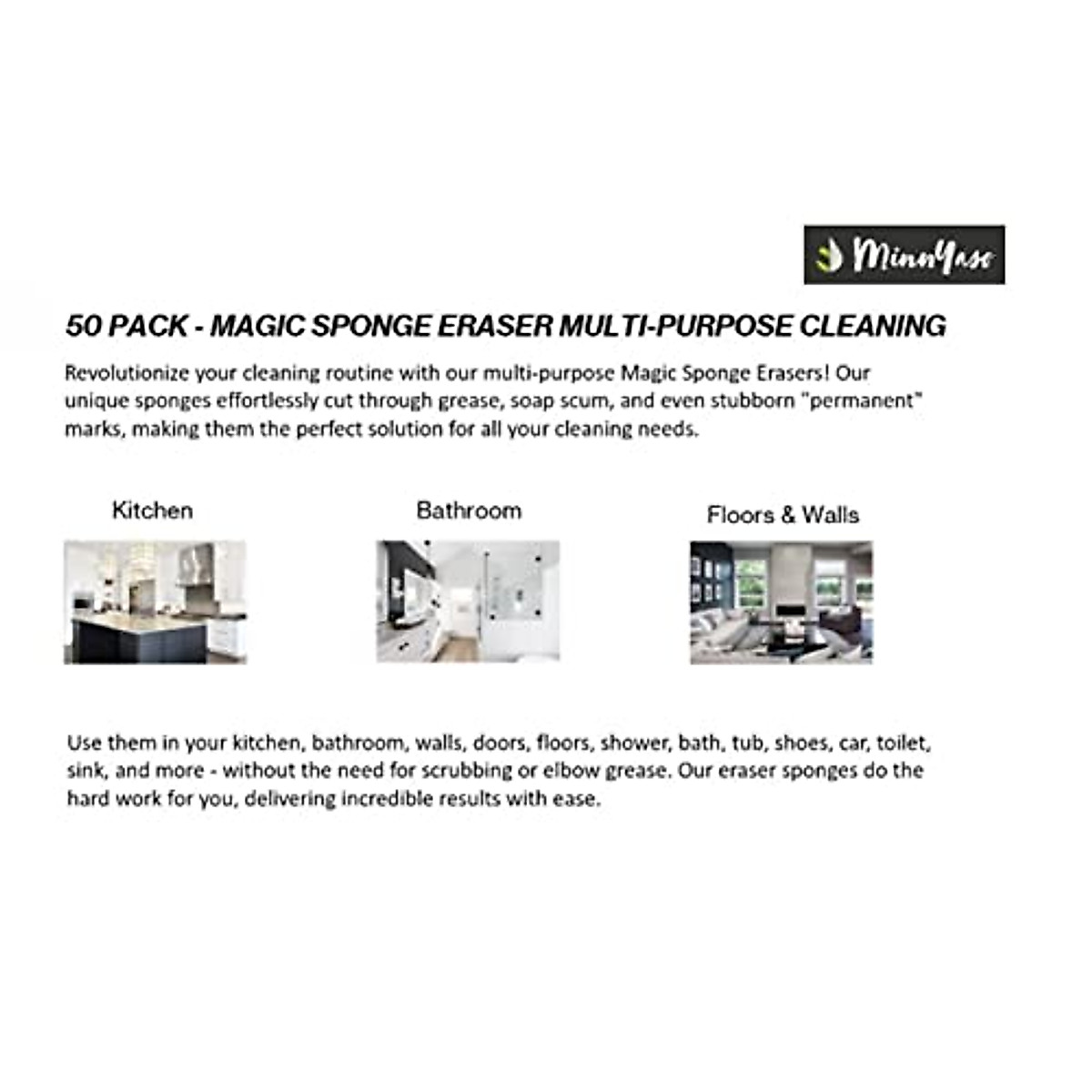 MinnYaso Magic Sponge Cleaning Eraser 3.94" x 2.36" x 0.79" | Multi-Purpose Household Cleaning | Magic Sponge Cleaning Eraser for Kitchen, Bathroom, Sink, Doors, Floors, Baseboard, Walls | 50 Pack