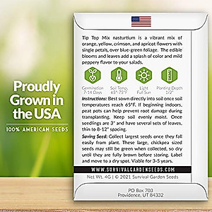 Survival Garden Seeds - Tip Top Mix Nasturtium Seed for Planting - Pack with Instructions to Plant and Grow Edible Flowers & Companion Plants in Your Home Vegetable Garden - Non-GMO Heirloom Variety