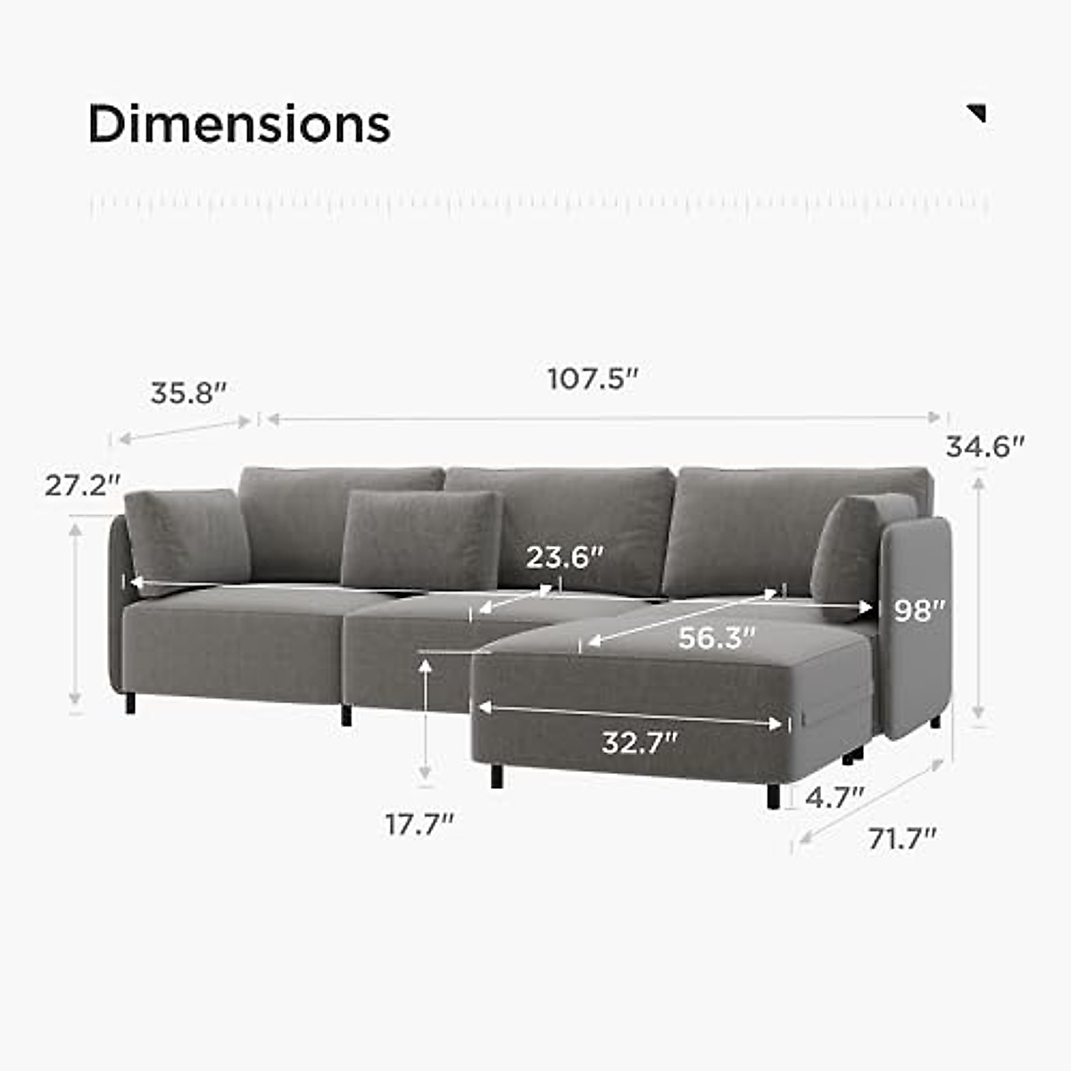 Acanva Convertible Modular Sectional Sofa for Living Room, Free-Combination Armchair Loveseat with Removable Backrest, L Shaped Couch, Light Grey 4 Piece Set