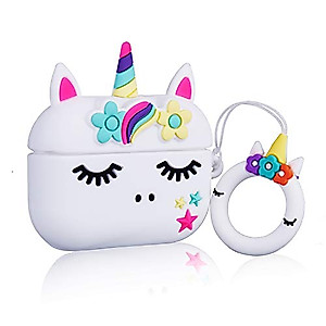 Jowhep Case for AirPod Pro 2019/Pro 2 Gen 2022 Cartoon Cute Silicone Cover with Keychain Fashion Funny Soft Protective Skin for Air Pods Pro Girls Kids Kawaii Shell Cases for AirPods Pro White Unicorn