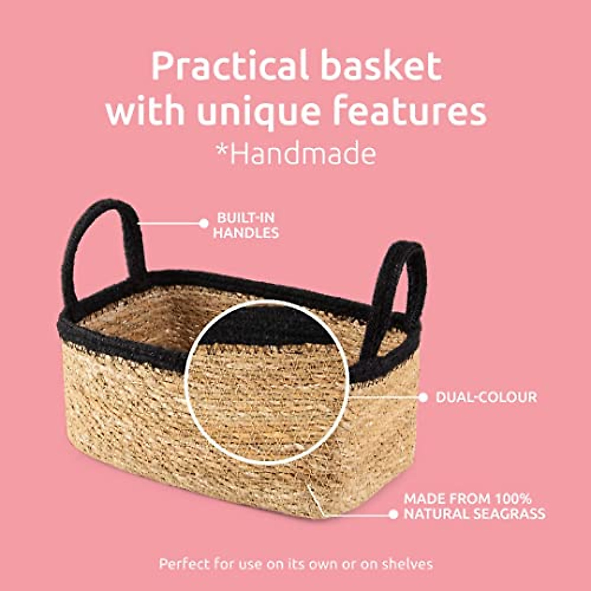 Compactor Tahna Seagrass Storage Basket, Size Large, 34 x 23 x 18cm, Brown/Black, RAN10545