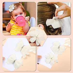 Chuangdi 4 Pieces White Rhinestone Hair Bows for Girls, Cute Pearls Hair Bow with Alligator Hair Clips Beads Hairgrip for Women Baby Teens Toddlers Children Hair Styling