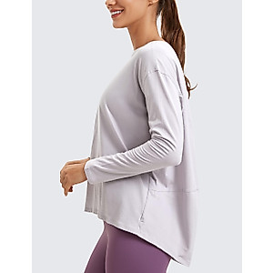 CRZ YOGA Pima Cotton Long Sleeve Workout Shirts for Women Loose Fit Athletic Yoga T-Shirts Casual Boat Neck Fall Tops Iced Iris Large