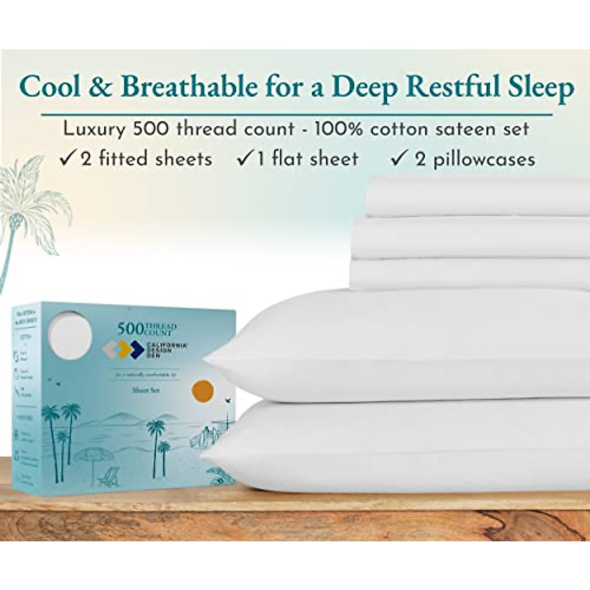 California Design Den 5 Piece Split King Size Sheet Set - 100% Cotton 500 Thread Count, Cooling Deep Pocket Bedding for Adjustable Bed, 2 Twin-XL Fitted Elastic Sheets & Pillowcases - Pure White