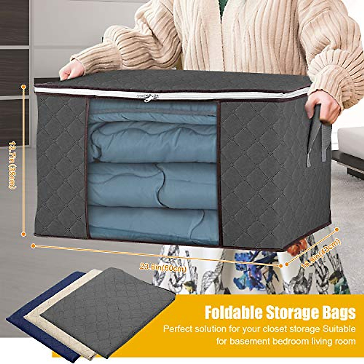 Large Storage Bags,Foldable Organizers Closet with Reinforced Handle Thick Fabric for Comforters,Clothes,Bedding，Blankets,with Double Sturdy Zipper, Clear Window,90L,Grey - 4Pack