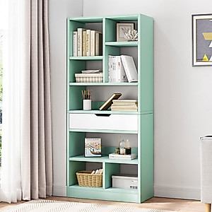 IOTXY Wooden Open Shelf Bookcase - 61 Inches Height Freestanding Display Storage Cabinet Organizer with 8 Cubes and a Drawer, Floor Standing Bookshelf in Tiffany-Green