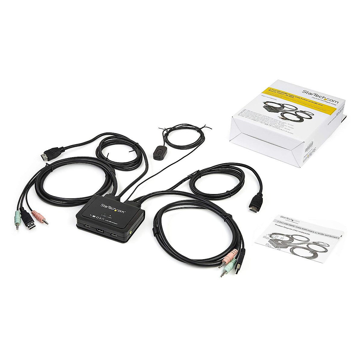 StarTech.com 2 Port HDMI KVM Switch - 4K 60Hz - Compact Dual Port UHD/Ultra HD USB Desktop KVM Switch w/Integrated 4ft Cables & Audio - Bus Powered & Remote Switching - MacBook ThinkPad (SV211HDUA4K)