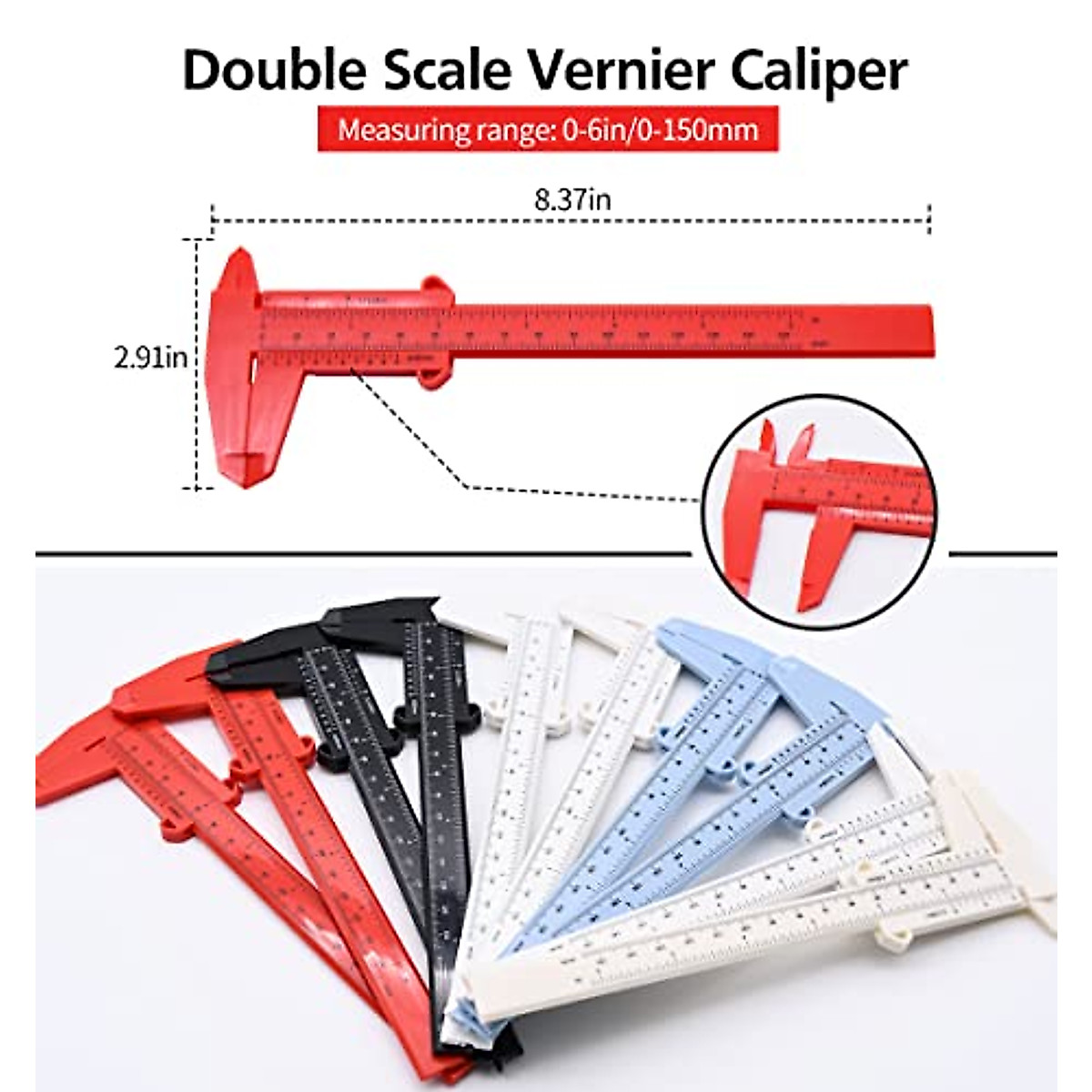 Mini Plastic Caliper, 10 Pack 6in/150mm Vernier Caliper, Double Scale Sliding Gauge Measuring Tool for Student Office, Jewelry Sliding Gauge Ruler Measuring Tool, 5 Different Colors(10 Pack)