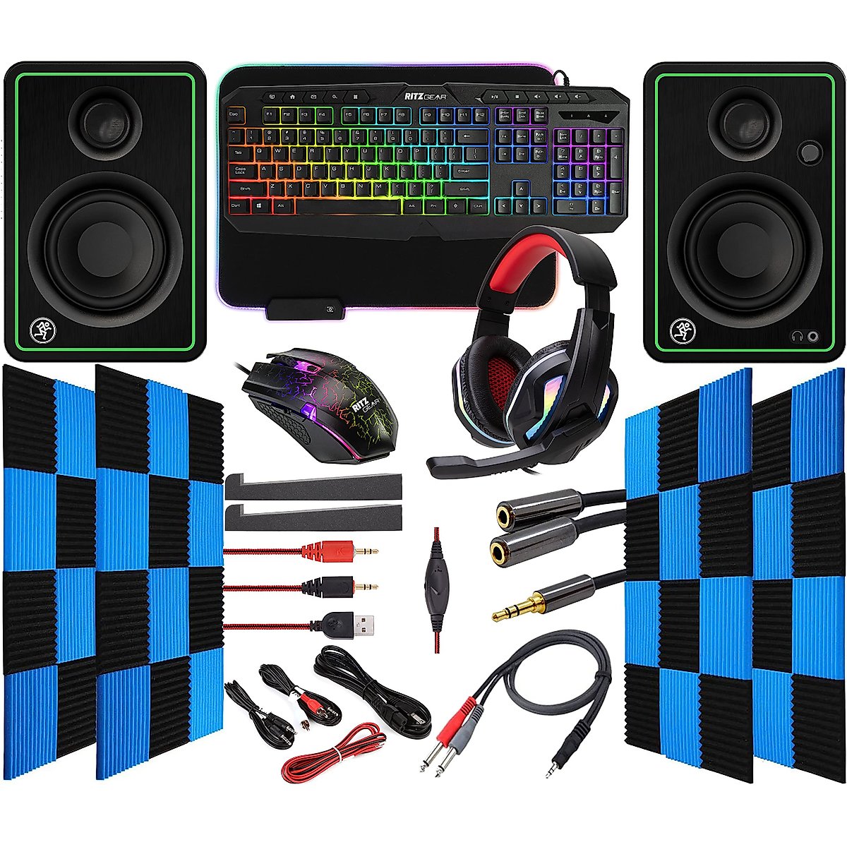 Ritz Gear RGB Gaming Kit I 4-in-1 LED Combo with Multimedia Keyboard, Optical Mouse, Mouse Pad & Headset with Adapter with CR5-X Bluetooth Monitors and 24 Pack Acoustic Soundproof Wedge Panels