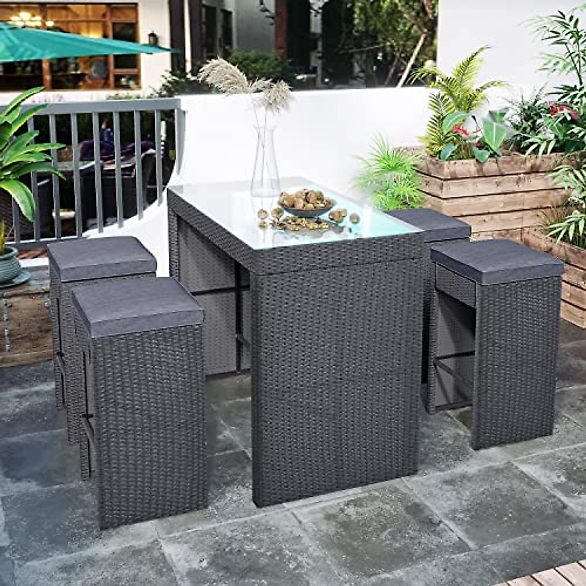 5-Piece Outdoor Patio Wicker Bar Set, Garden PE Rattan Wicker Dining Table, Square Stool Set, Glass Tabletop, High-Dining Bistro Set with 4 Stools and 1 Wood Table (Grey2-5PCS)