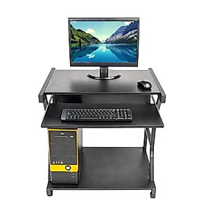Black Computer Desk Cart Home Office Desk, Mobile Laptop Table Workstation Writing Desk Study Desk with Keyboard Tray, Printer Shelf on Wheels Rolling Desk with Wheels 70 x 50 x 75 cm (L x W x H)