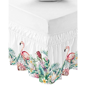 Palm Tree Leaf Flamingos Bed Skirt Queen Size 16 Inch Drop,Adjustable Elastic Wrap Around Bed Skirts Pleated Luxury Dust Ruffles For Twin Full Queen Cal King Bed,Animal Bird Summer Fall Tropical Plant