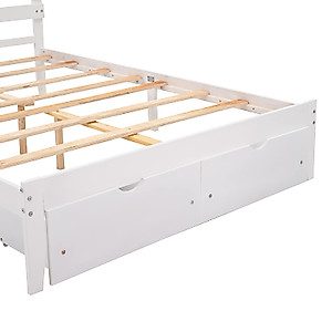 Queen Size Rustic Casual Style Platform Bed with 2 Storage Drawers & Headboard, Wooden Frames with No Box Spring Needed for Bedroom Small Space Boys Girls Adults Teens, White