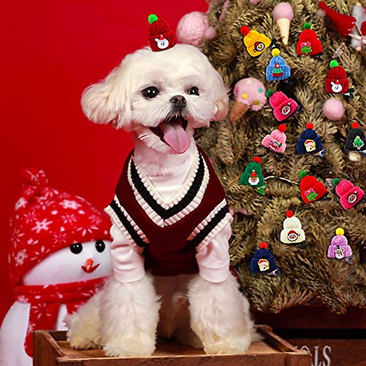 20pcs Christmas Pet Head Flower, Christmas Festive Head Flower with Cartoon Patch for Small and Medium Pet Hair Grooming (Hat)