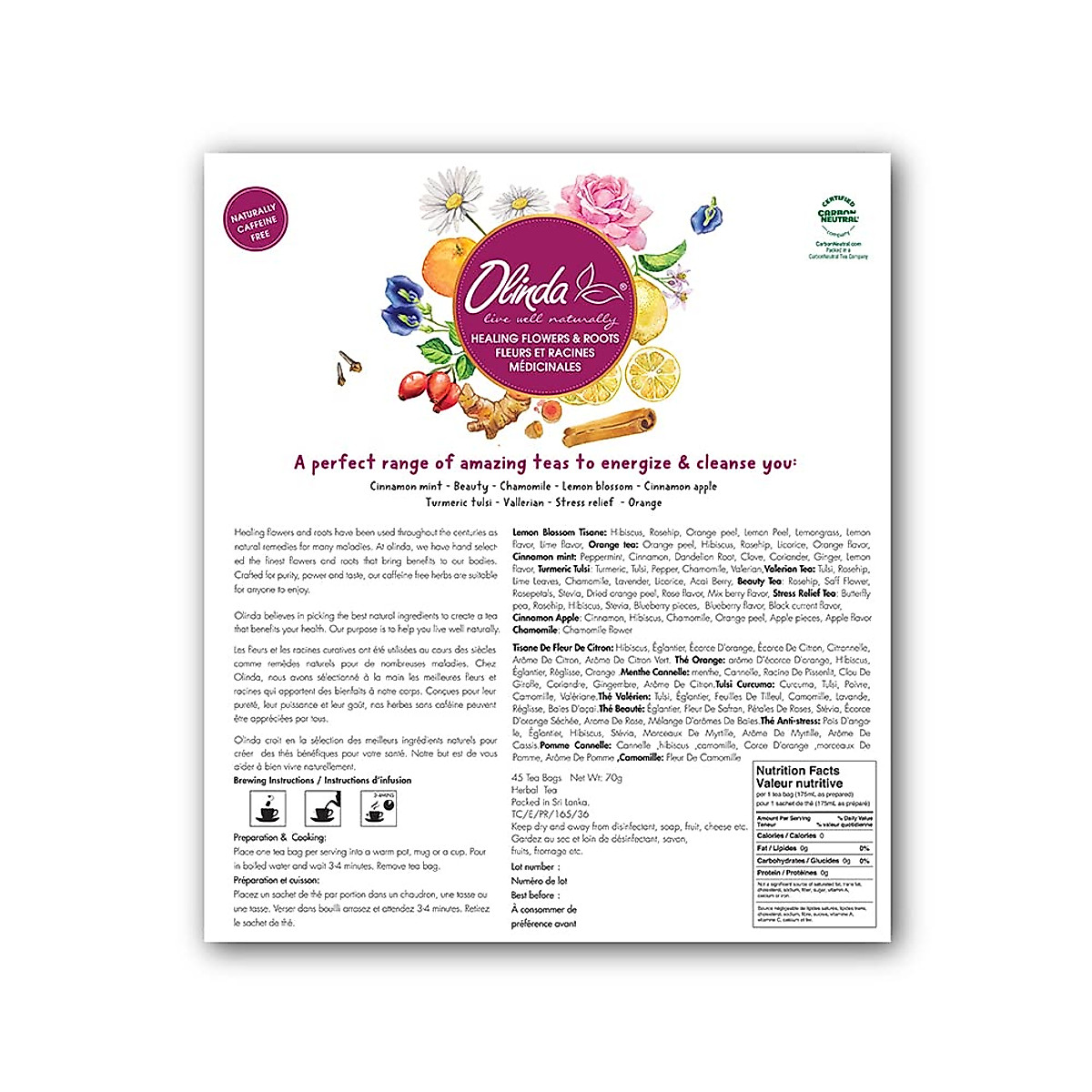 Olinda Healing Flowers & Roots Gift Box, 45 Tea Bags, Cinnamon Mint, Beauty, Chamomile, Lemon Blossom, Cinnamon Apple, Turmeric, Valerian, Stress Relief and Orange Teas - 1 box