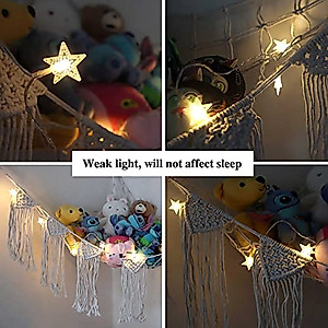Stuffed Animal Net or Hammock with LED Light - Stuffed Animal Storage Toy Hammock for Wall - Hanging Corner Net with Boho Macrame Tassels， Plush Toy Net Hammock for Kids Bedroom Decor (41*41*57)