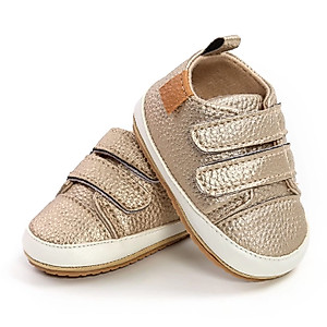 BABSMULY Baby Boys Girls Shoes Non-Slip Rubber Sole High-Top PU Leather Sneakers Infant First Walking Shoes Toddler Crib Shoes Newborn Loafers Flats.(Gold, 6-12 Months)