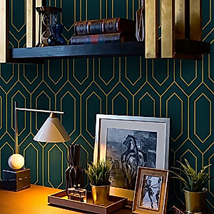Safiyya Peel and Stick Wallpaper Gold and Dark Teal Green Wallpaper Geometric Contact Paper Textured Wallpaper Self Adhesive Removable Wallpaper for Walls Vinyl Roll 118"x17.3"