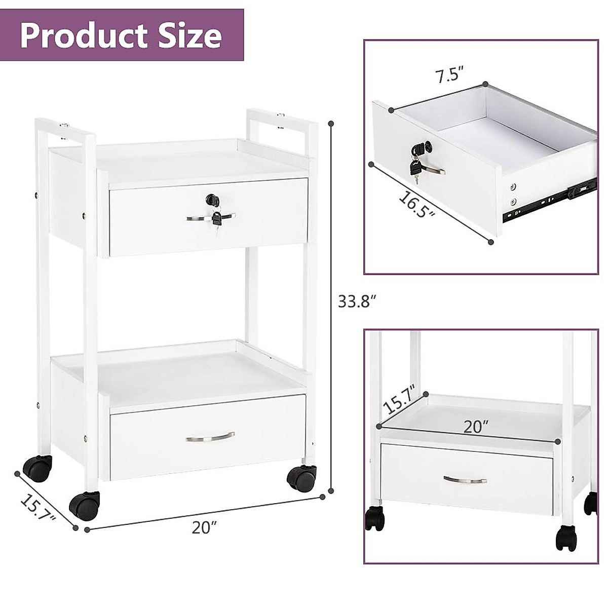 Salon Trolley Cart for Beauty SPA, Wooden Rolling Storage Station, White Mobile Utility Cabinet with 2 Drawers 1 Lockable, Medical Esthetic Supply Holder for Massage Tattoo Facials