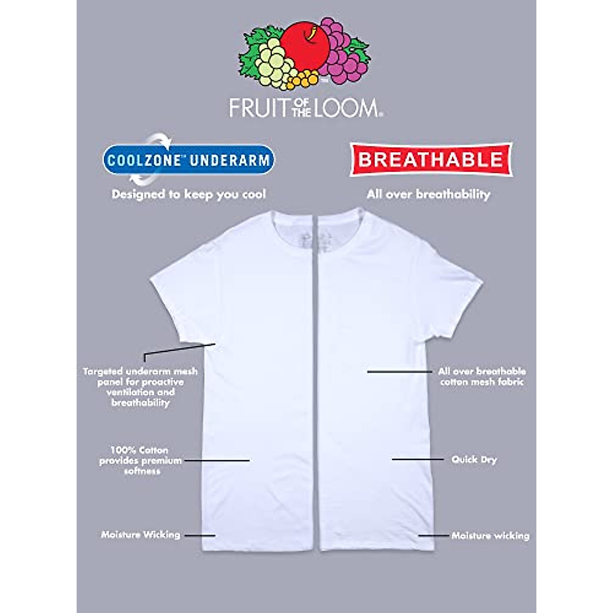 Fruit of the Loom Men's Eversoft Stay Tucked Crew T-Shirt, Regular-6 Pack White-Cotton Mesh Coolzone Underarm, l