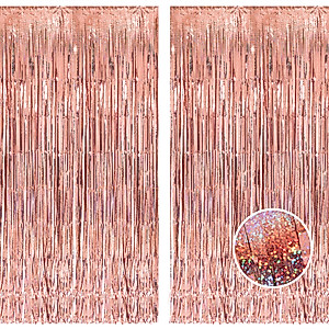 BRAVESHINE Rose-Gold Metallic Tinsel Backdrop - 2Pcs 3.2x8.2ft Metallic Tinsel Foil Fringe Curtains Photo Booth Streamers for Bridal Shower Bachelorette Engagement Mother's Day Party Decorations