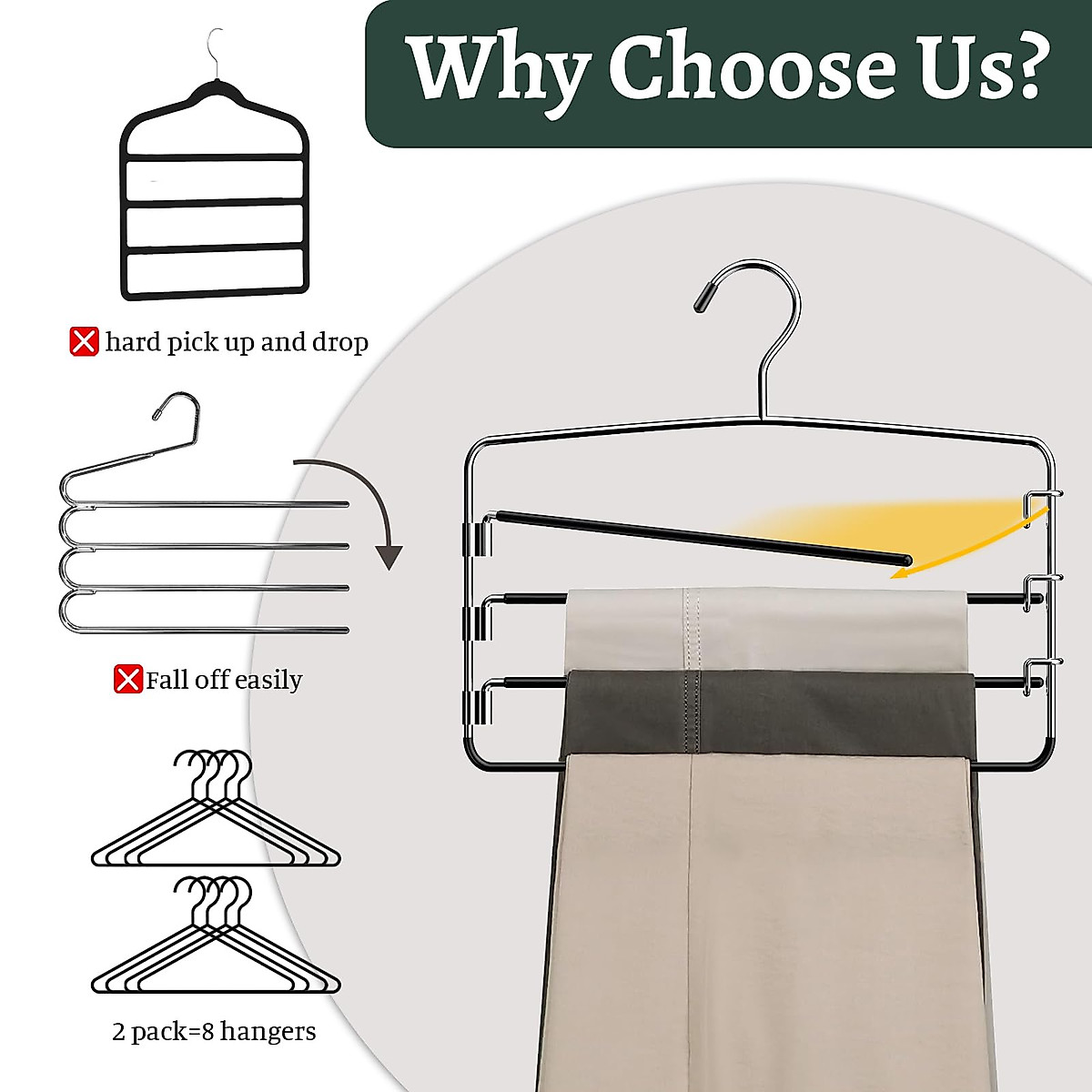 Lumigens Pants Hangers,Clothes Hangers,Hangers Space Saving,Multi Layer Stainless Steel Swing Arm Hangers,Apartment Essentials, Closet Organizers and Storage Jeans,Towels,Scarf,2Pcs