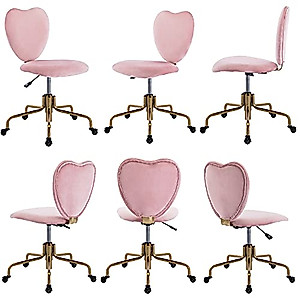 Wahson Velvet Upholstered Cute Home Office Desk Chair Armless, Modern Comfy Office Swivel Fabric Vanity Makeup Chair with Heart Shape Back, for Living Room, Bedroom, Rose Pink