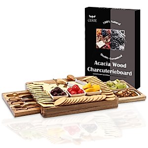 Giate 2 Drawer Acacia Wood Cheese Board |Charcuterie Boards Gift Set - Elegant for Mom - Chauratri Board Set & Knife Set -Charcuterie Board Large House Warming Gifts New Home