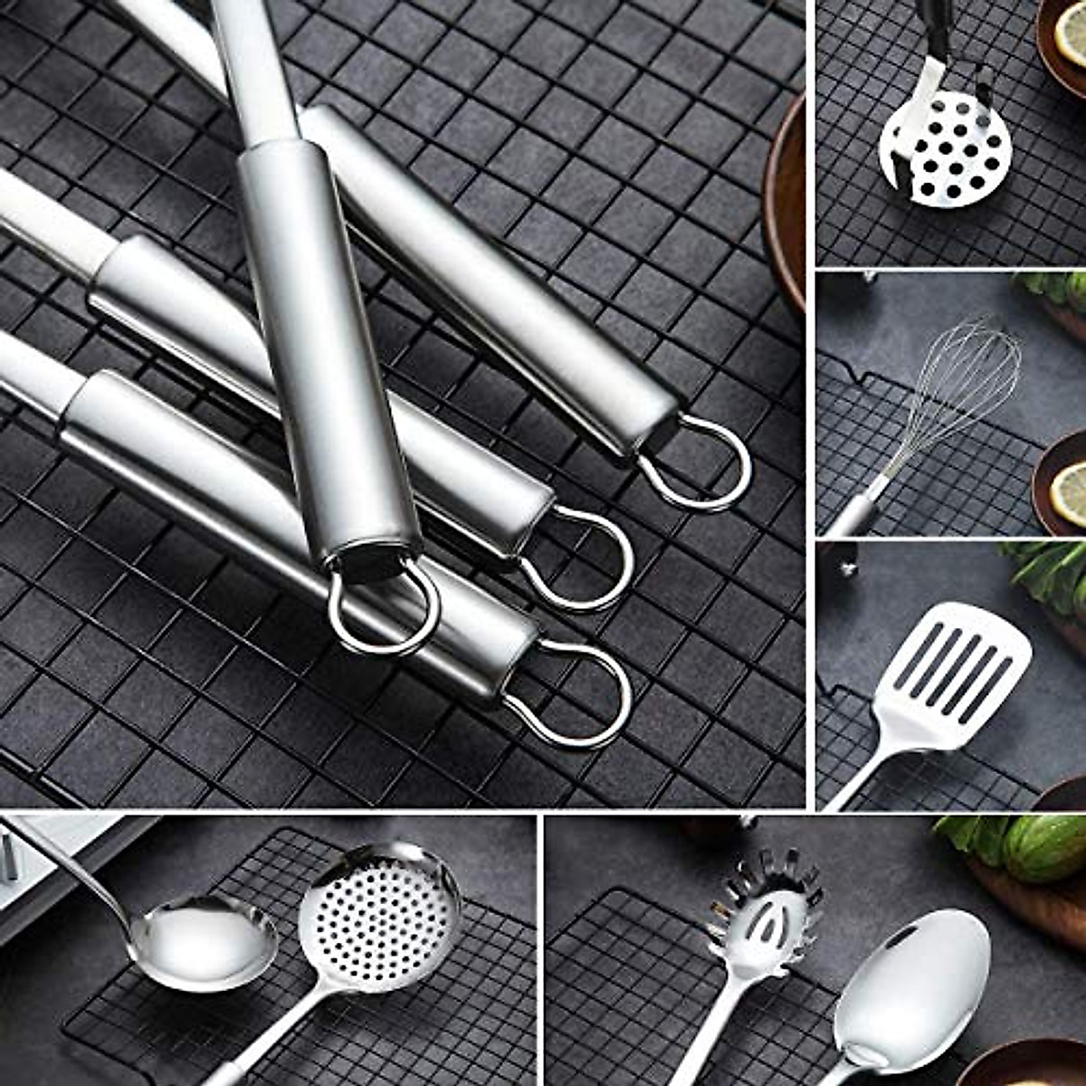 Berglander Cooking Utensil Set 8 Piece, Stainless Steel Kitchen Tool Set with Stand,Cooking Utensils, Slotted Tuner, Ladle, Skimmer, Serving Spoon, Pasta Server,Potato Maseher, Egg Whisk. （8 Pieces）