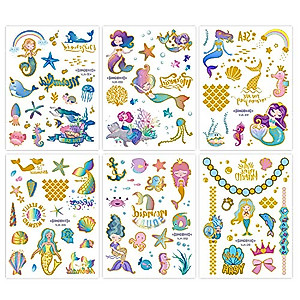 Mermaid Party Supplies Temporary Tattoos - Glitter Mermaid Birthday Party Favors, Mermaid Tail Decorations + Halloween Easter Makeup (6 Sheet)