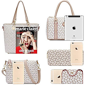 RainboSee Women 6 Pcs Handbag Tote Stitching Shoulder Bag PU Top Handle Hobo Satchel Purse Clutch Beige