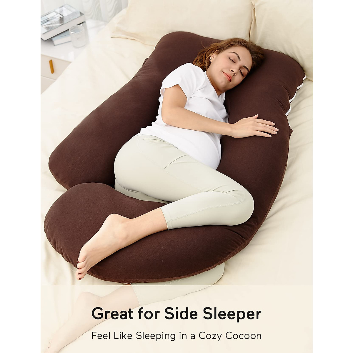 Momcozy Pregnancy Pillows for Sleeping, U Shaped Full Body Maternity Pillow for Side Sleeping - Support for Back, Legs, Belly, Hips, 57 Inch, Brown