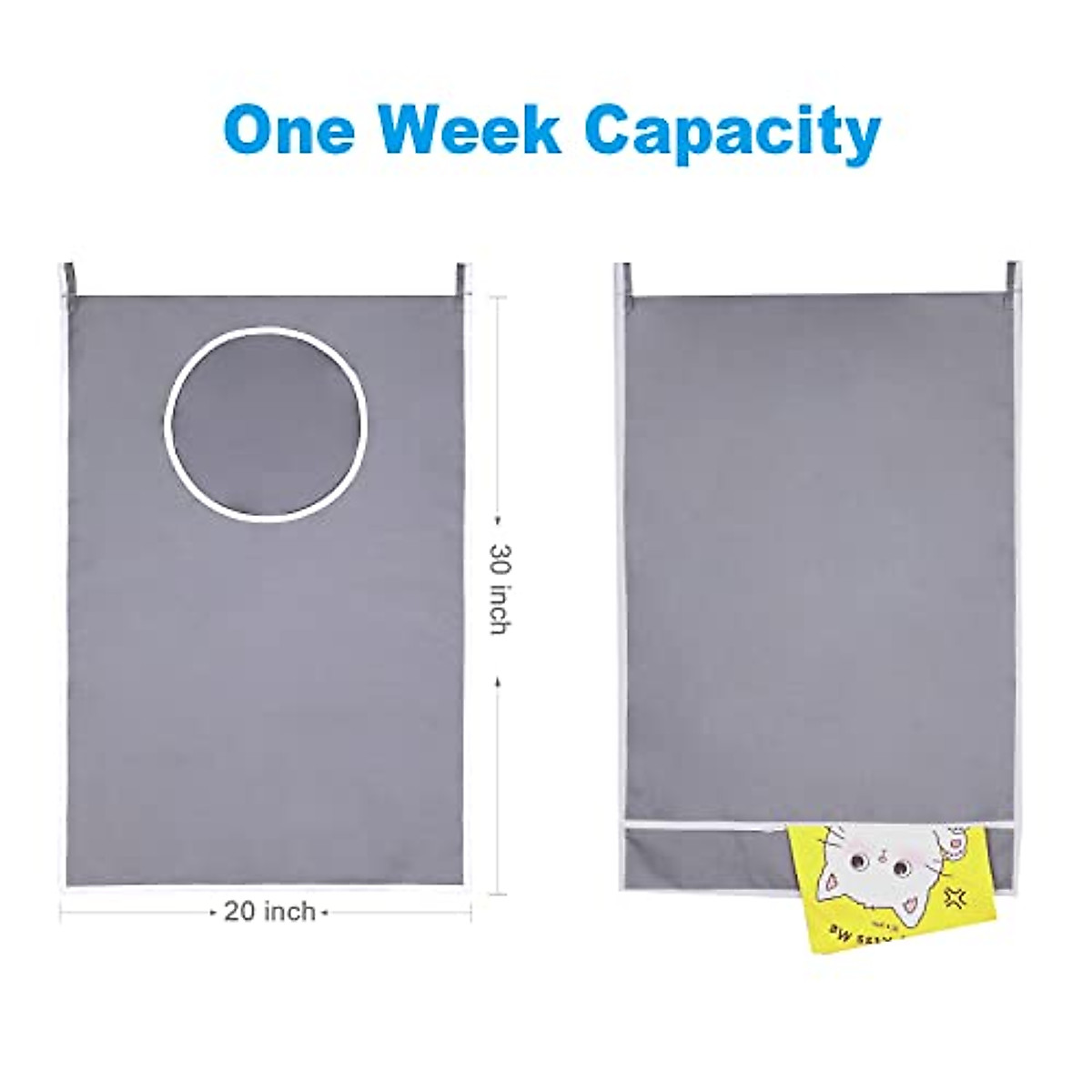Hanging Laundry Hamper(30"L x 20"W) with 2 Adjustable Stainless Steel Over Door Hooks 30Lb& 2 Adhesive Hooks 2.75"L 25Lb & Grey Mesh Laundry Bag. Large Size Door Hamper for Kids Room, Bathroom, Dorm
