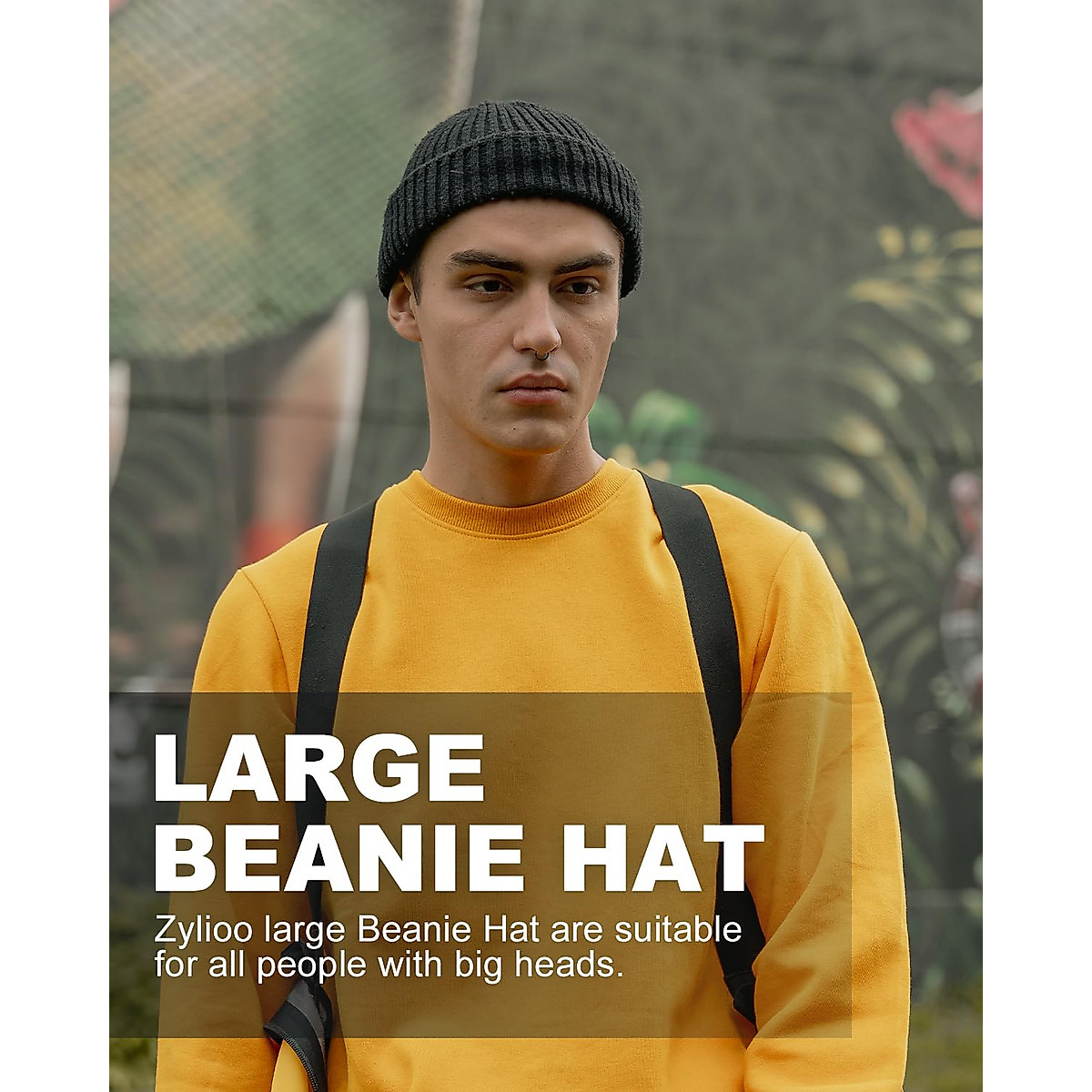 Zylioo XXL Knit Beanie Cap,Oversize Stocking Hats for Big Heads,Cuffed Skull Caps,Large Stretchy Winter Hats Black