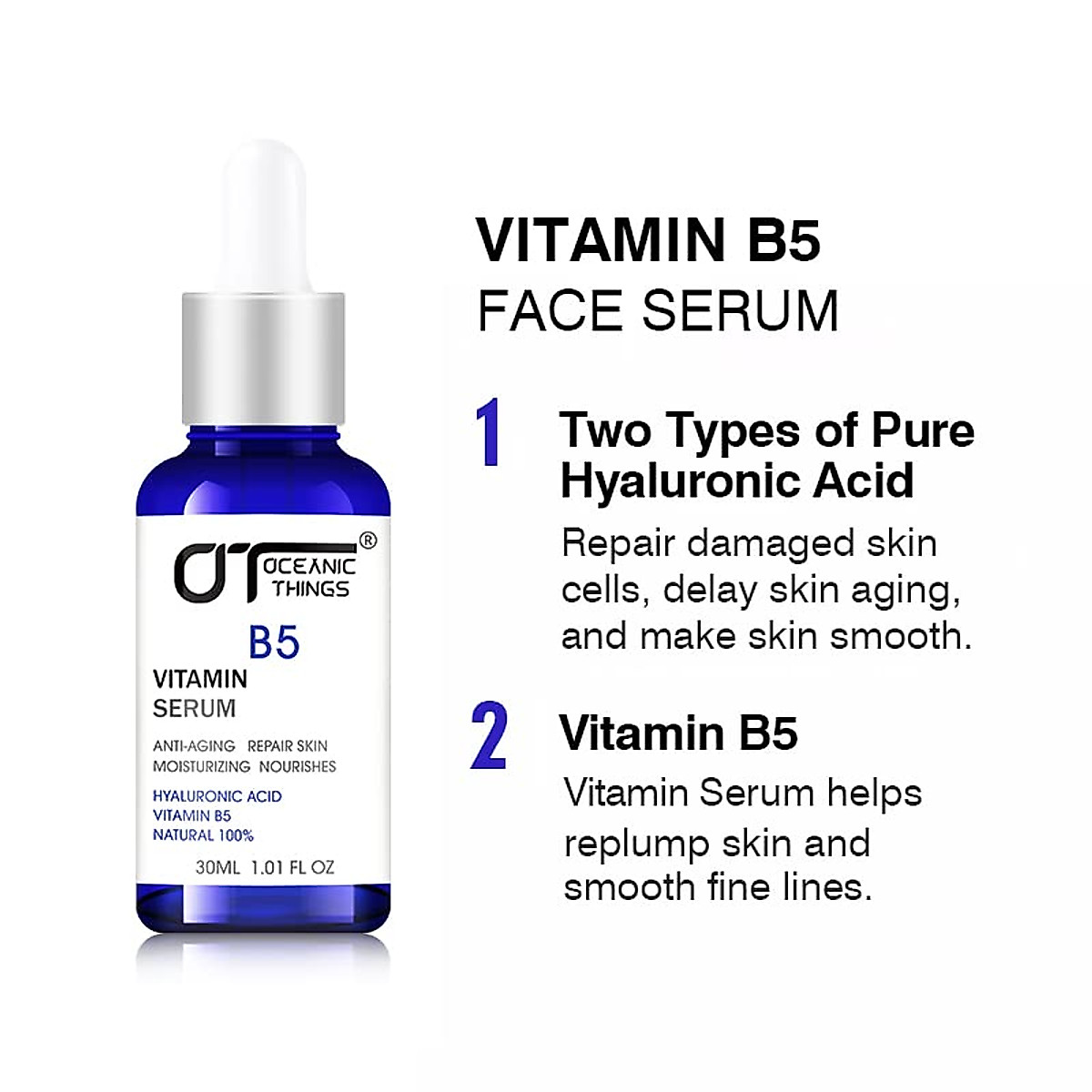 The combined action of Vitamin B5 Pure Hyaluronic Acid Serum for Face, with Vitamin B5, Anti-Aging Serum for Fine Lines and Wrinkles,