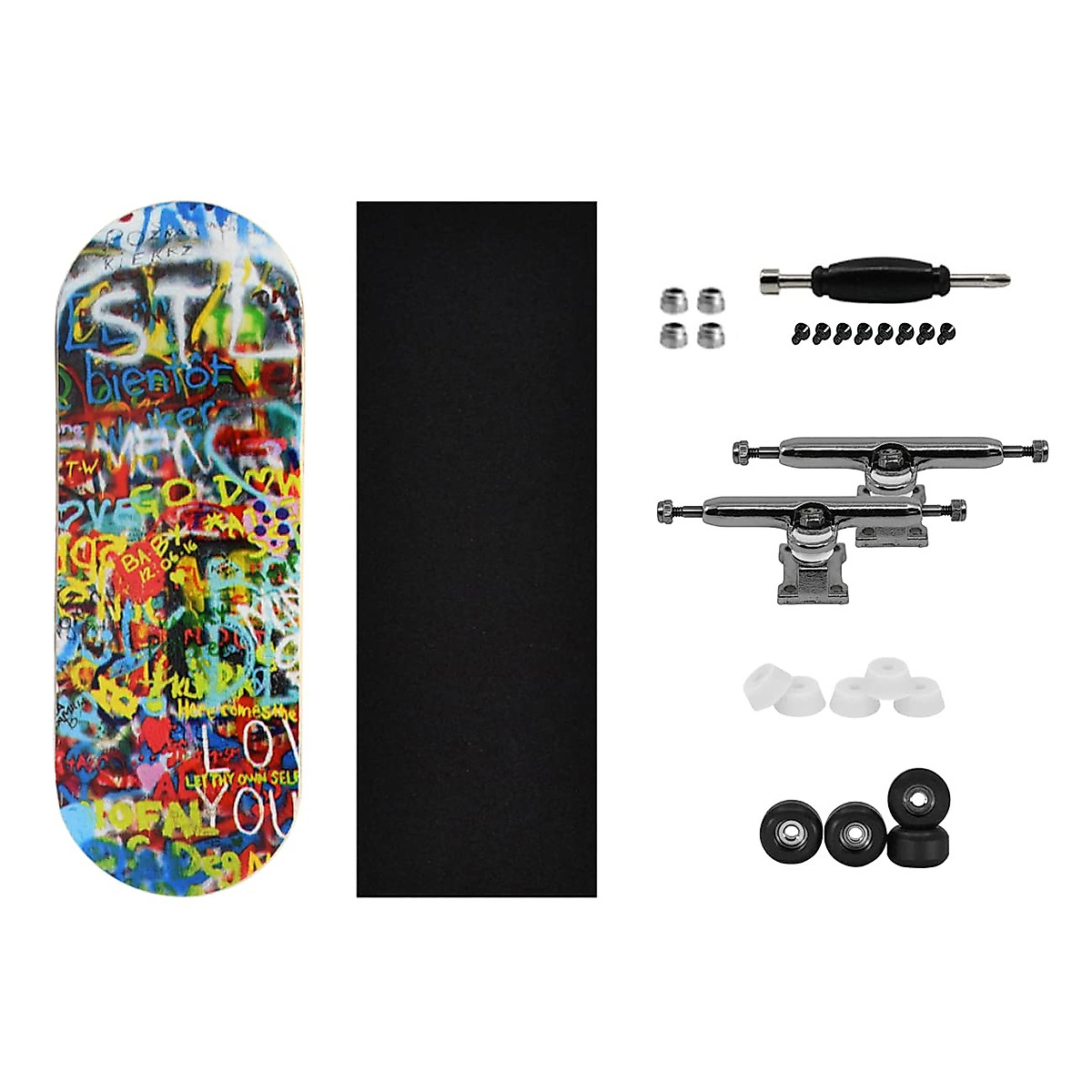 Teak Tuning 34mm Pro Fingerboard Heat Transfer Graphic Complete - Fully Assembled with Pro Level Parts - Pro Shaped Wood Deck (34x97mm), UltraSpin Wheels, Prodigy Trucks - Graffiti Wall